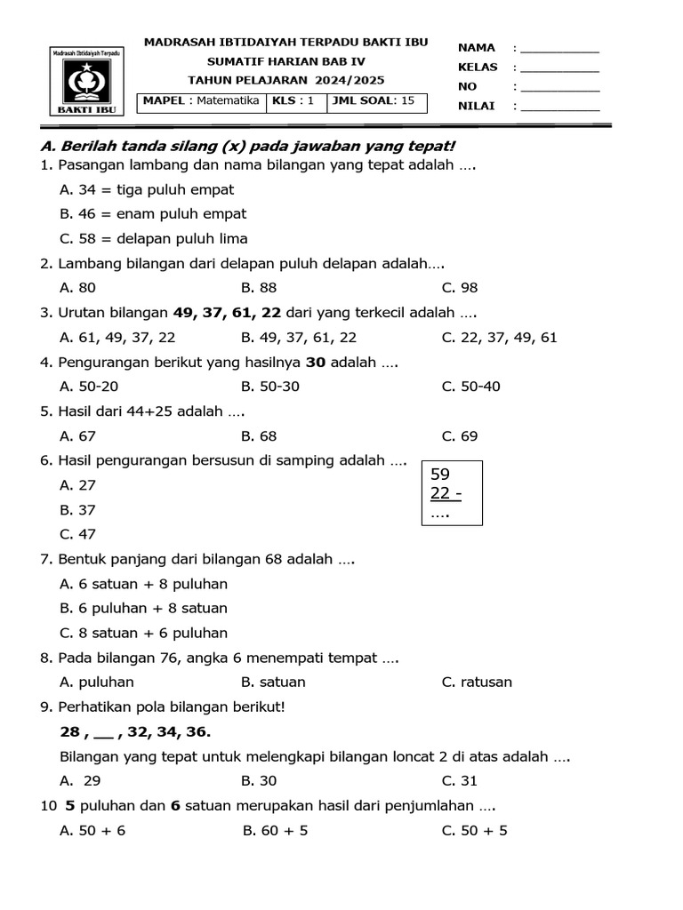 Kumpulan Soal MTK Kelas 1 2024-2025 | PDF