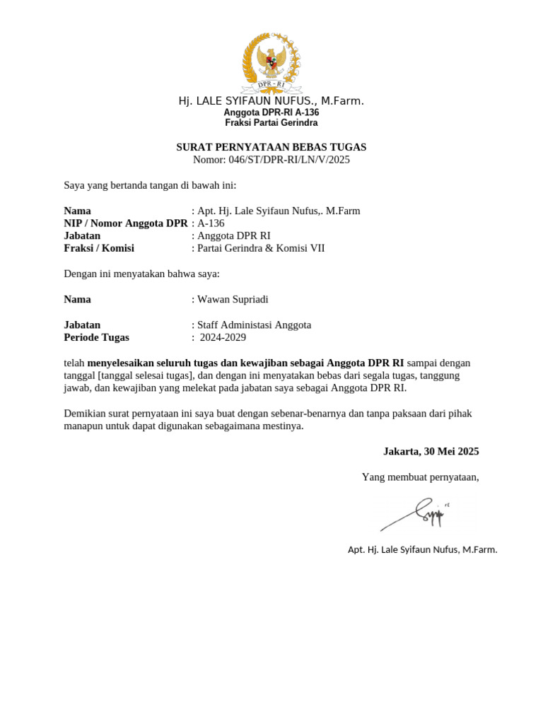 Surat Pernyataan Bebas Tugas | PDF