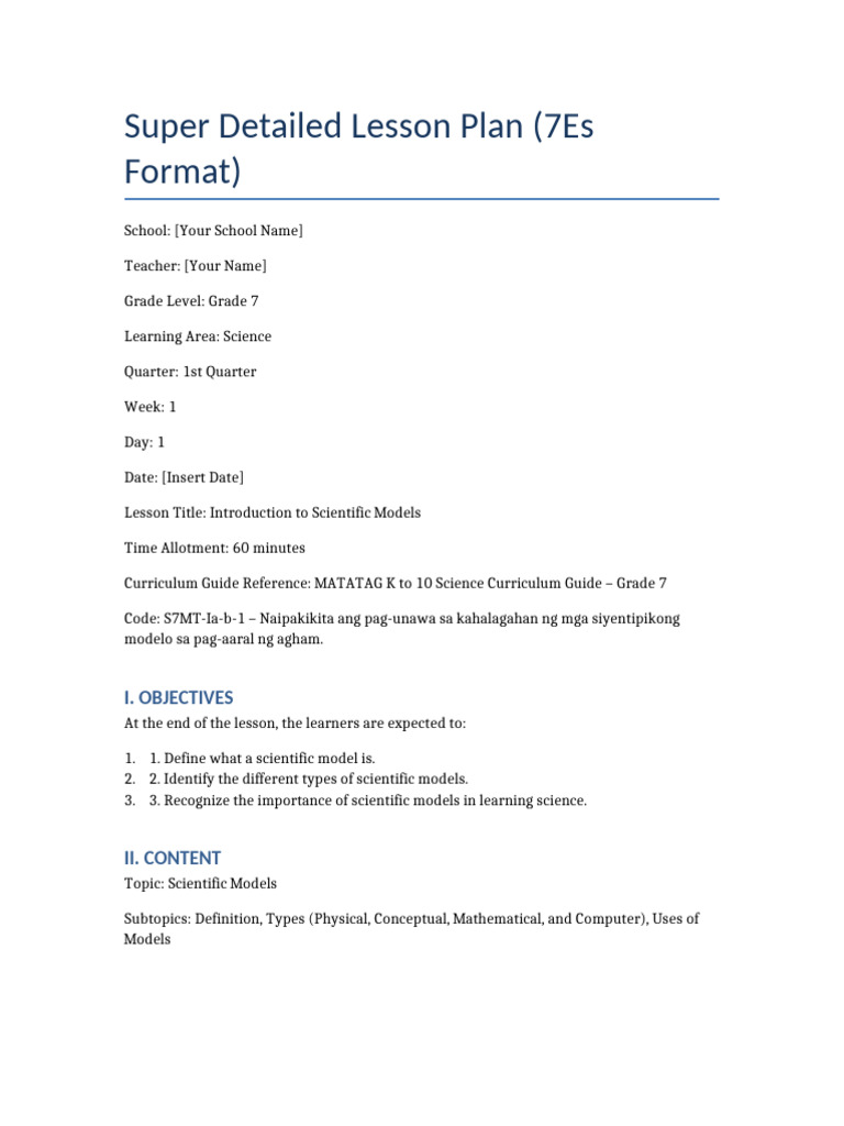 Super Detailed Lesson Plan 7es Science Models | PDF | Lesson Plan | Curriculum