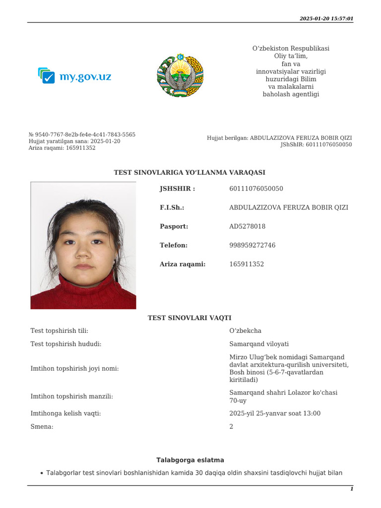 Test Sinovlariga Yo Llanma Varaqasi Jshshir: F.I.Sh.: Pasport: Telefon ...