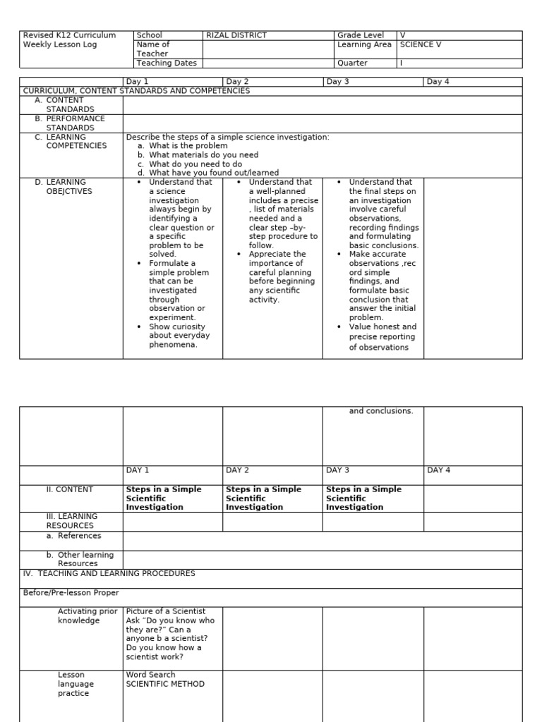Revised K12 Curriculum DLL Template | PDF | Science | Observation