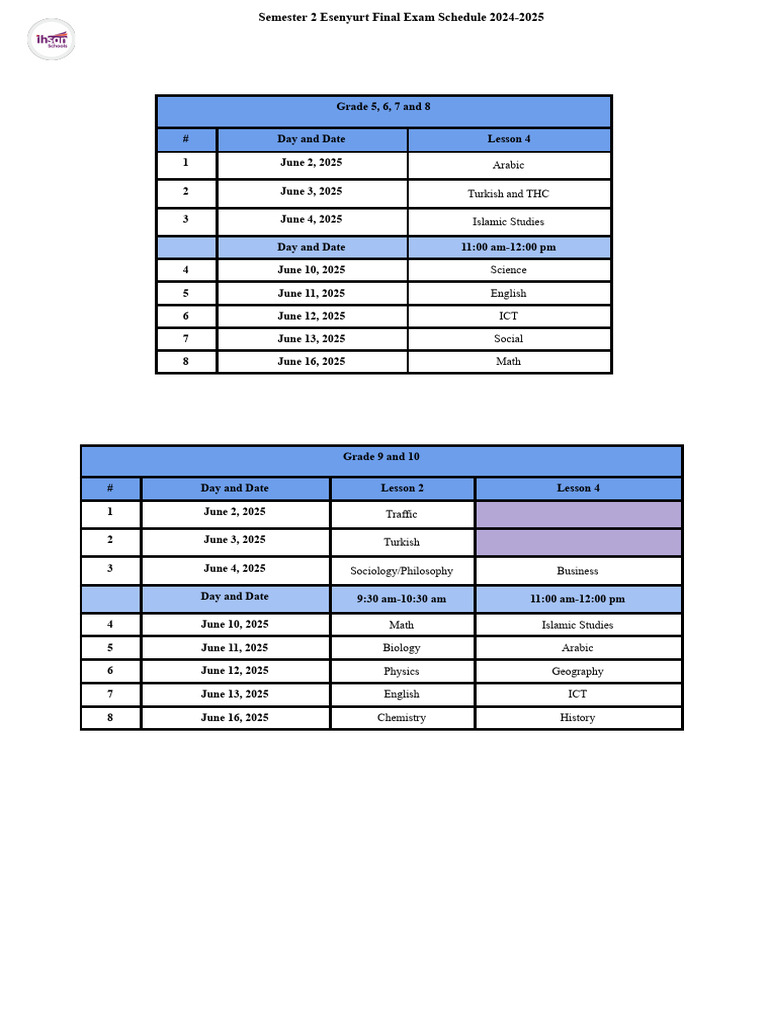 Final Esenyurt Semester 2 Exams Schedule | PDF | Advanced Placement | Educational Stages