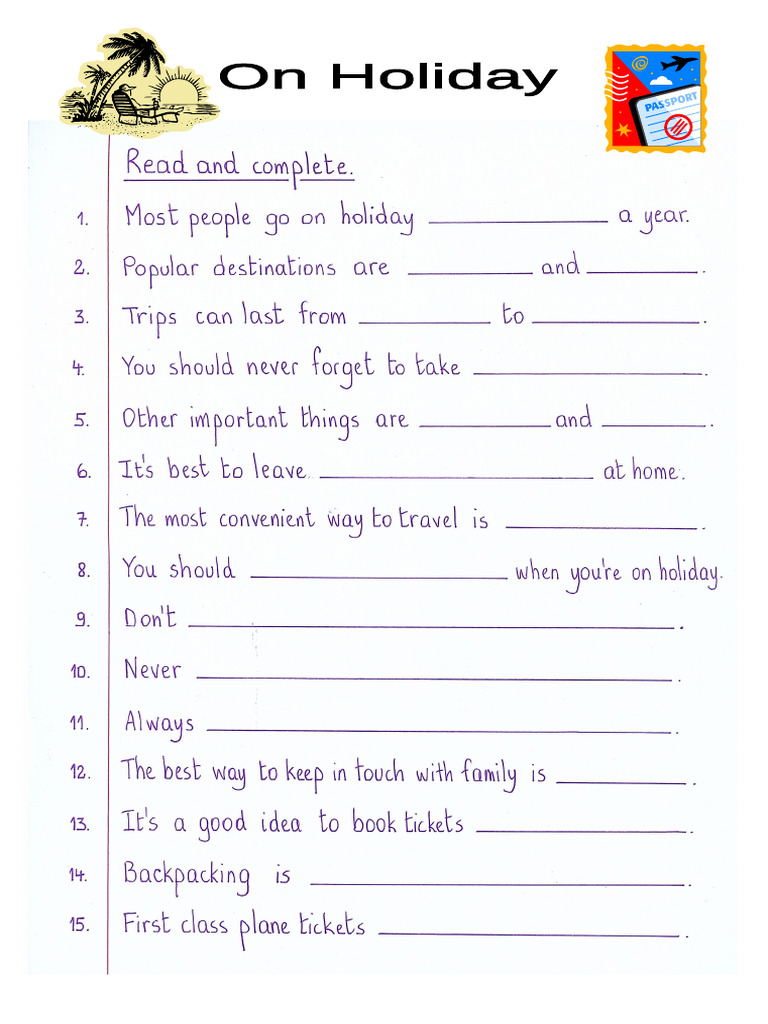 Read and Complete on Holiday Fun Activities Games Writing Creative Writing Task 55727 | PDF