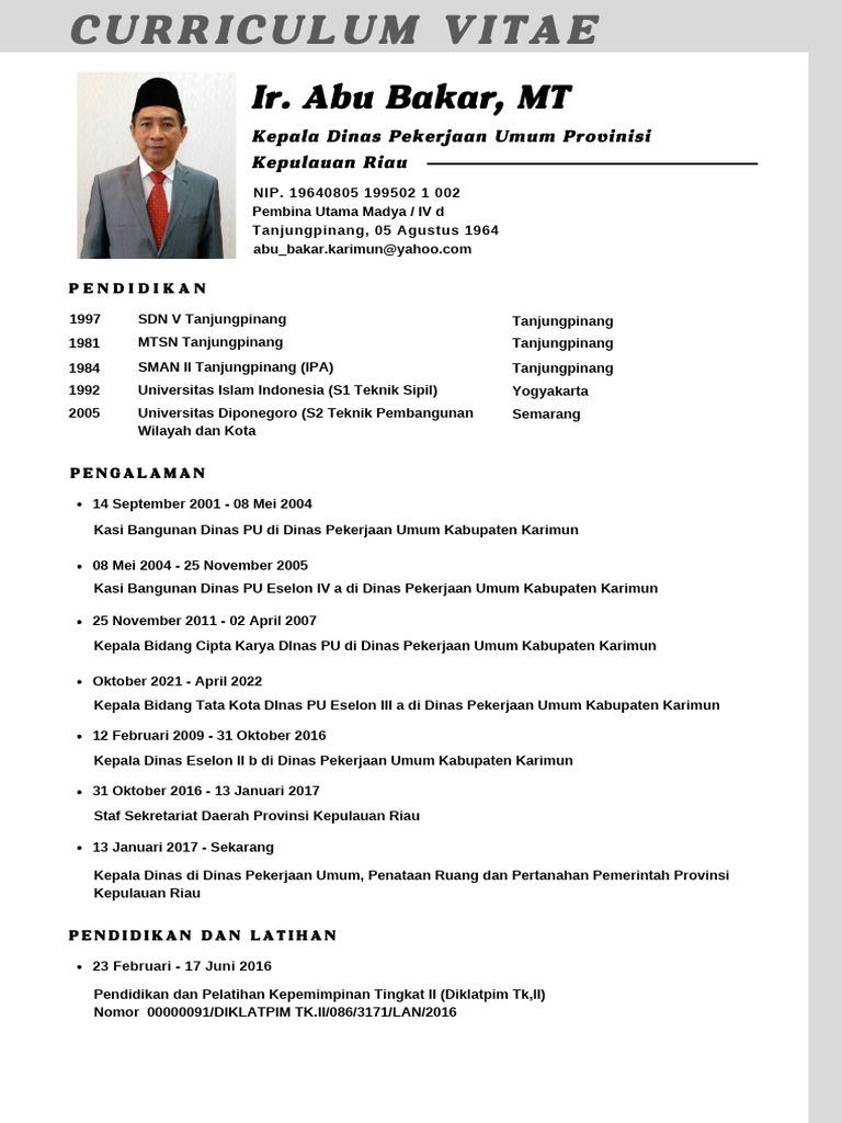 CV Kepala Dinas PUPP | PDF