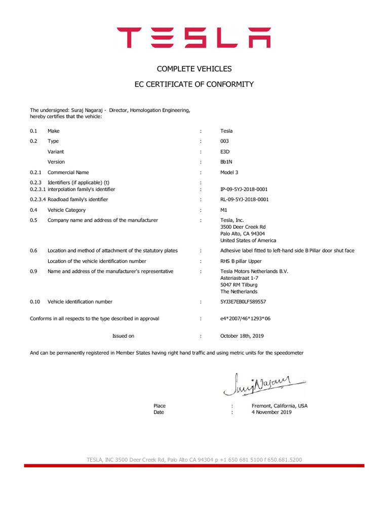 Faszinierend Certificate Of Conformity Tesla Ebenbild