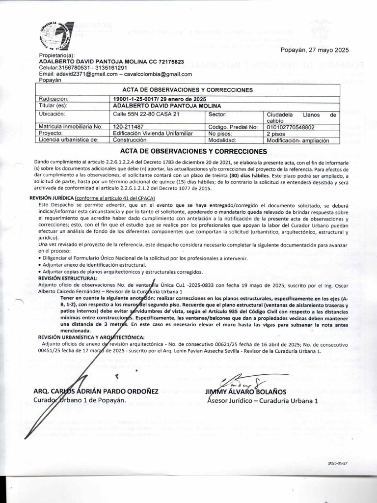 Acta de Observaciones y Correcciones RAD 25-0017 | PDF