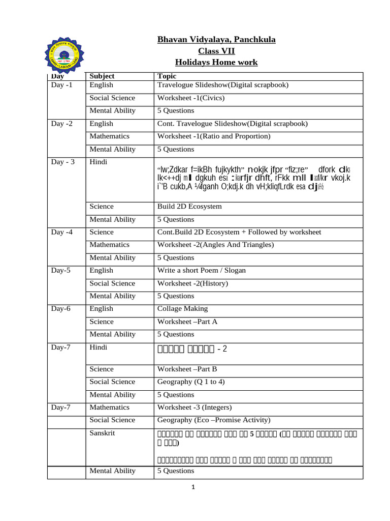 Circular 20250602131836 Holidays Home Work-Vii (2025-26) | PDF