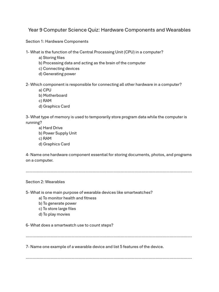 Year 9 Computer Science Quiz | PDF