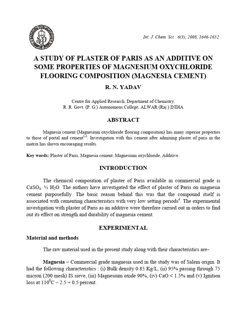 A Study of Plaster of Paris As An Additive On Some Properties of Magnesium Oxychloride Flooring ...