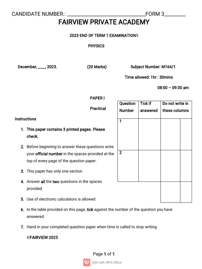 2023 Fairview Physics - Practical-F3 | PDF | Applied And Interdisciplinary Physics | Physical ...