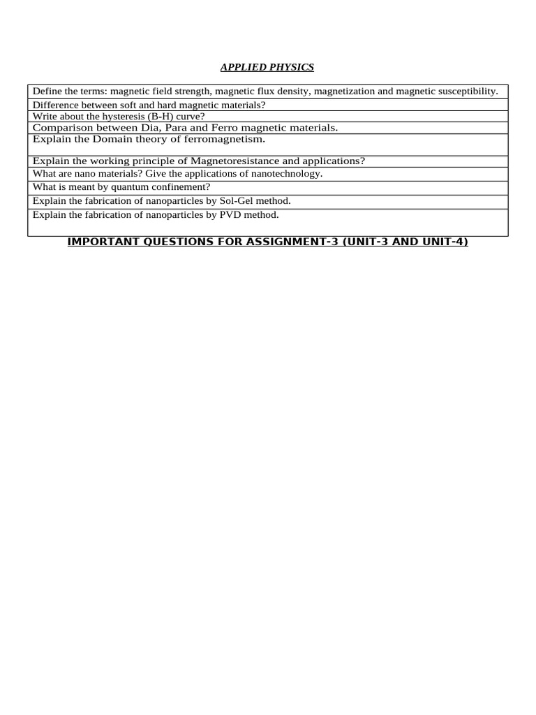 Applied Physics Assignment 3 Important Questions | PDF