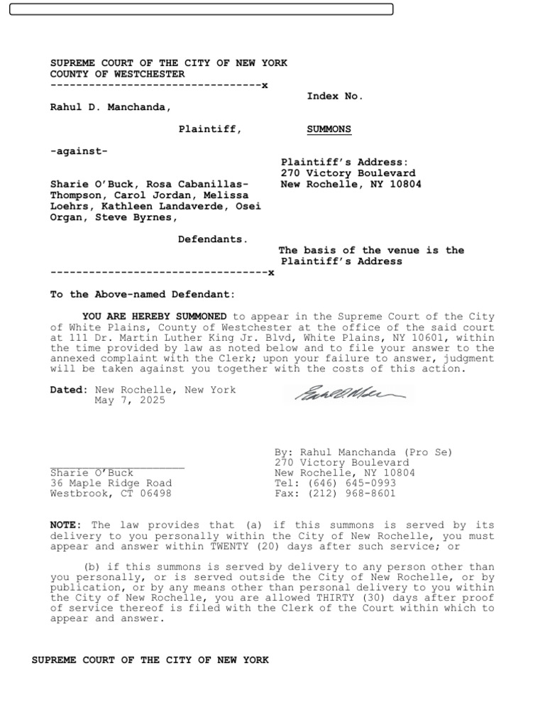 2025 Rahul Dev Manchanda V Sharie O Buck Et Al SUMMONS COMPLAINT 1 ...