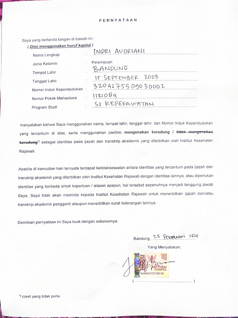 Surat Pernyataan - Indri Audriani | PDF