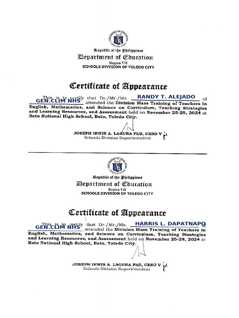 INSET Certificate of Appearance | PDF