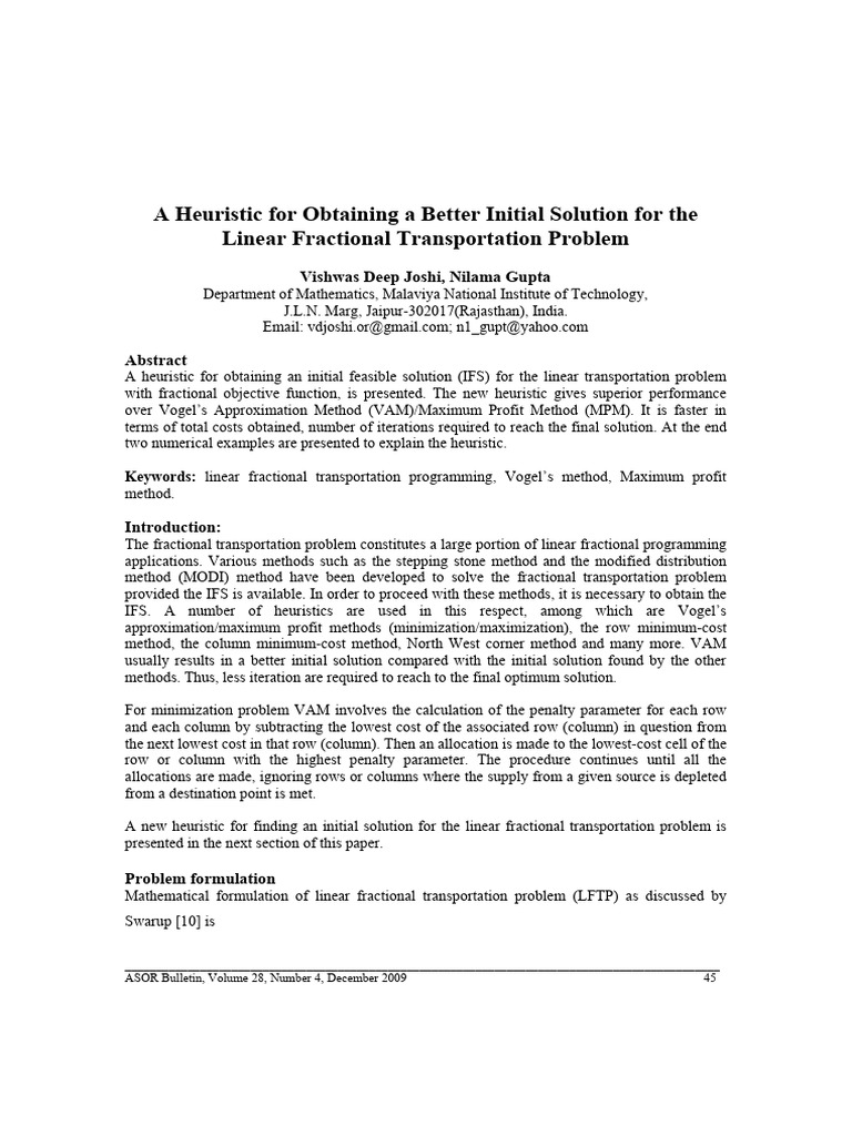 A Heuristic For Obtaining A Better Initial Solution For The Linear Fractional Transportation ...