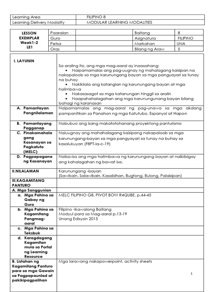 FILIPINO8-WEEK1-2-LE1 Unang Markahan | PDF