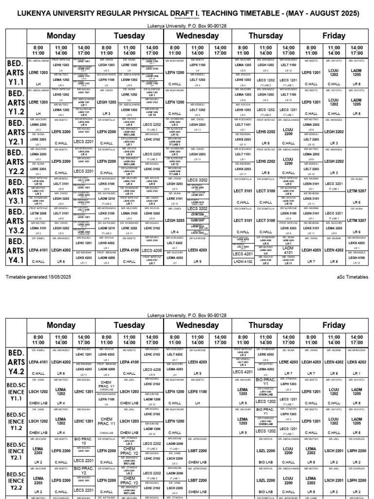 Draft One Regular Physical Teaching Timetable (Summary of All Classes) - May - Aug 2025 | PDF