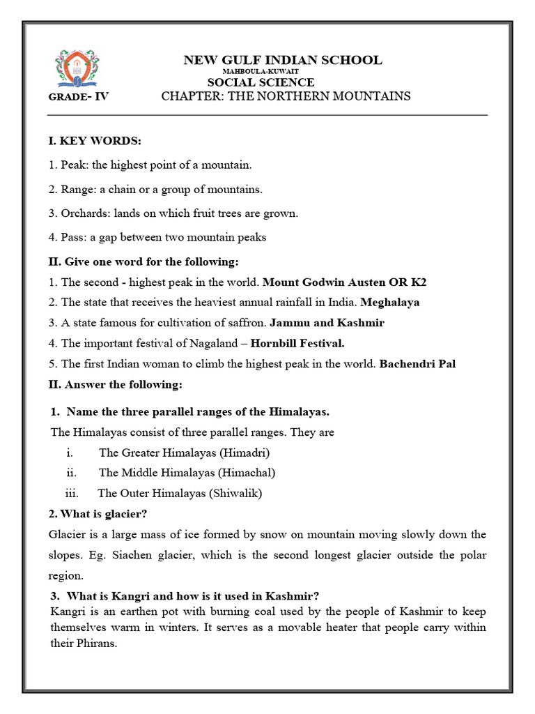 Grade 4 SST CH - Northern Mountains Edited Notes 25-26 | PDF ...