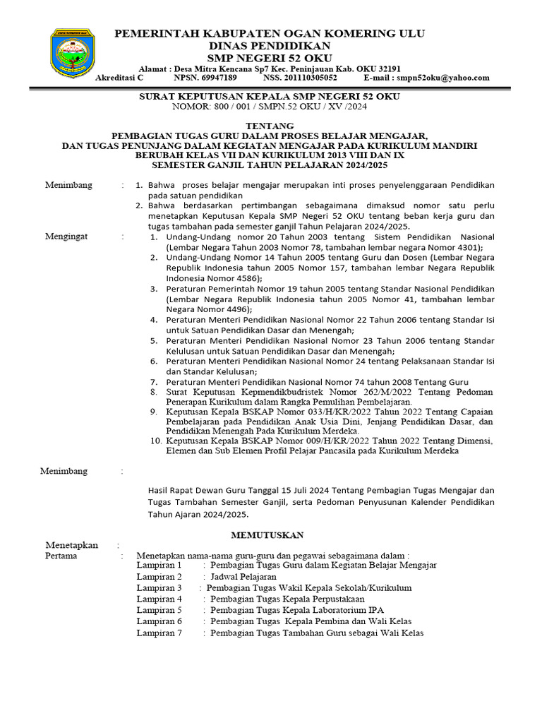 SK Pembagian Tugas Semester Ganjil Tahun Pelajaran 2024-2025 | PDF