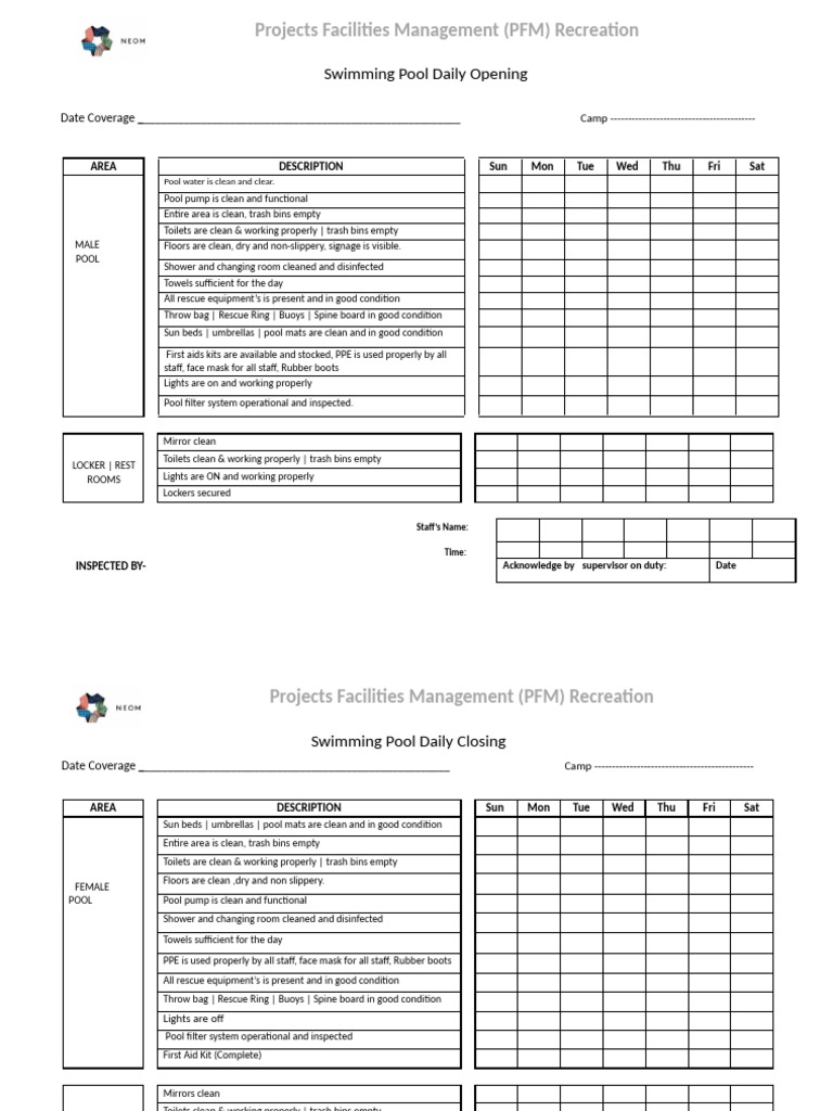 Swimming Pool Daily Checklist | PDF