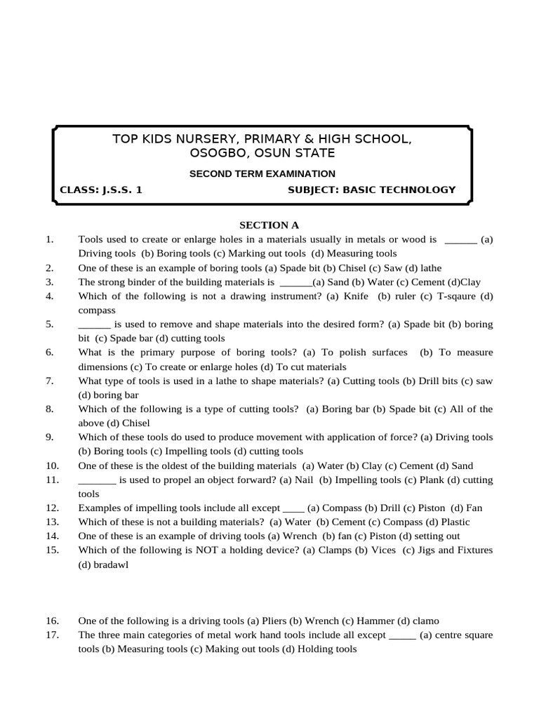 Basic Technology Exam Questions for J.S.S. 1 & 2 | PDF | Gear | Friction