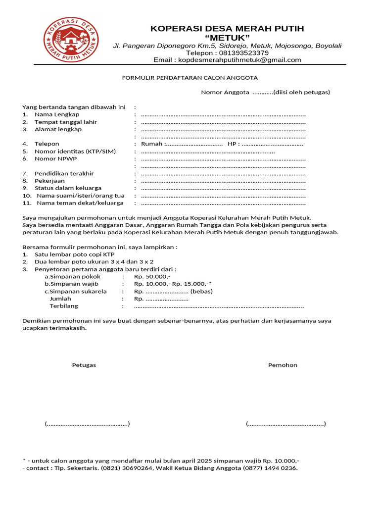 Formulir Pendaftaran Calon Anggota | PDF