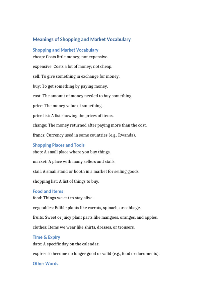 Shopping Market Vocabulary | PDF