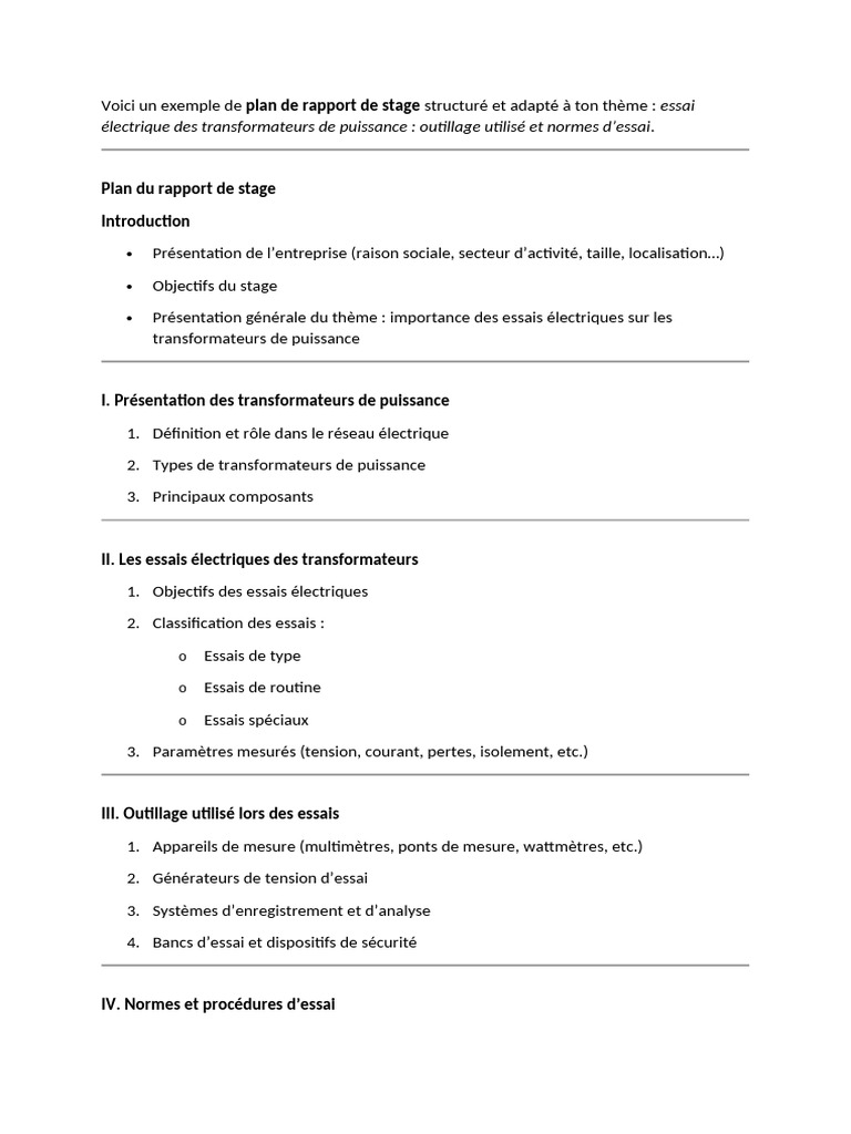 Rapport de Stage : Essais Électriques des Transformateurs | PDF