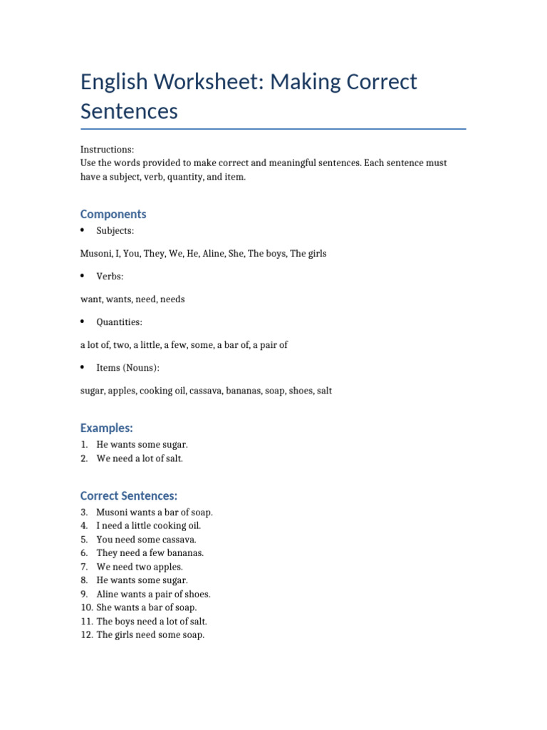 Correct Sentences Worksheet | PDF