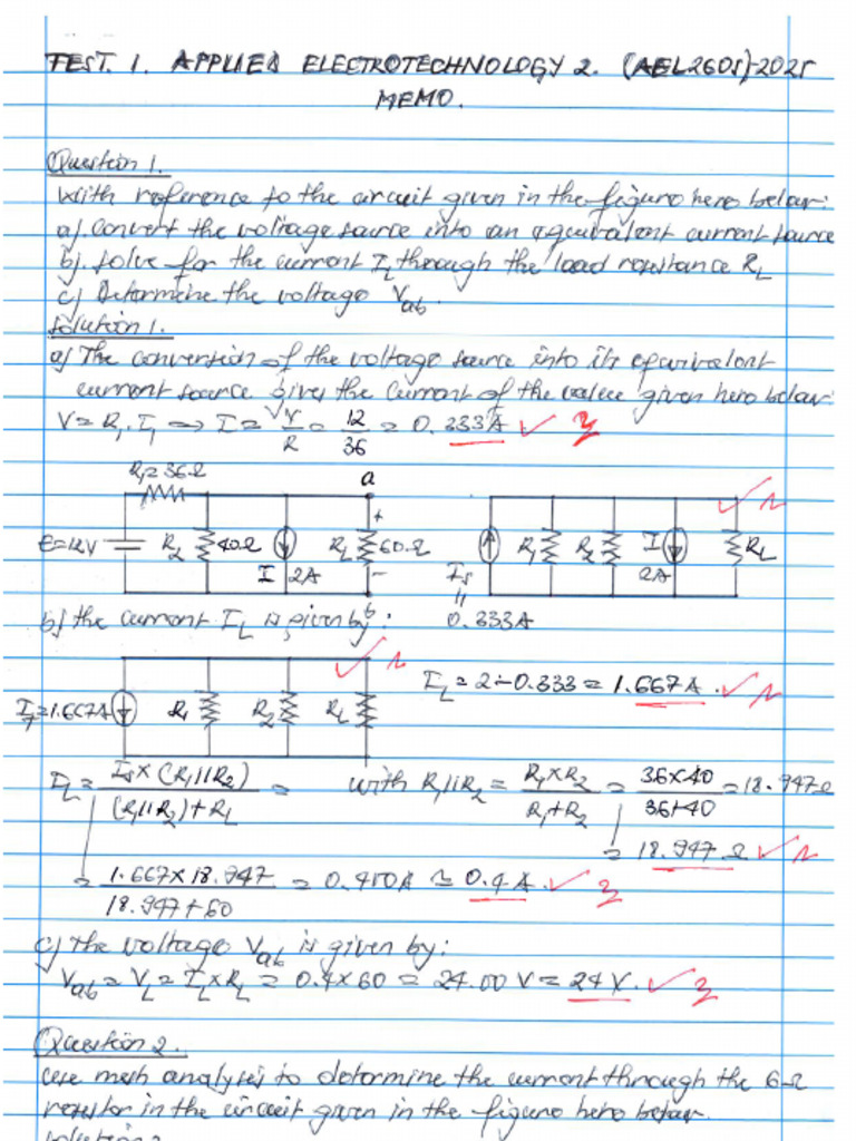Test 1. Applied Electrotechnology 2. (Ael260s) - 2025 Memo. | PDF