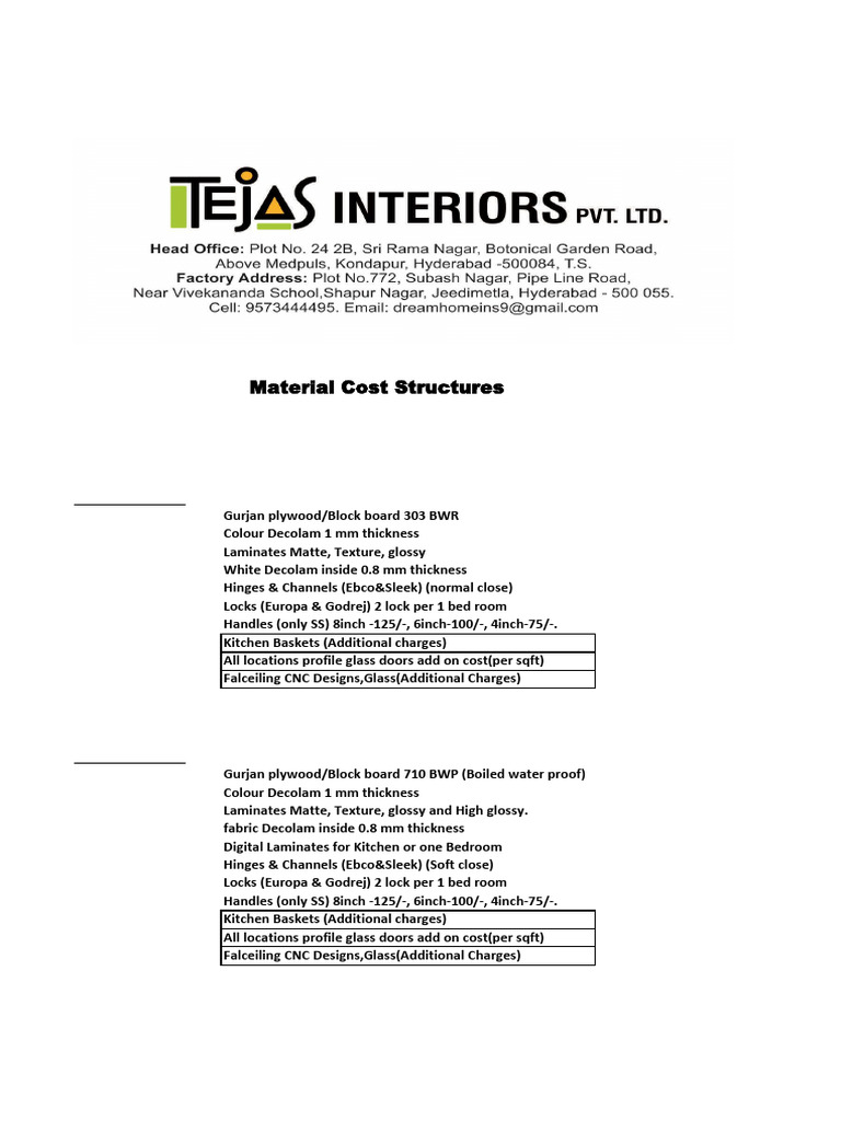 Tejas Cost Structure-2025 | PDF | Door | Lamination