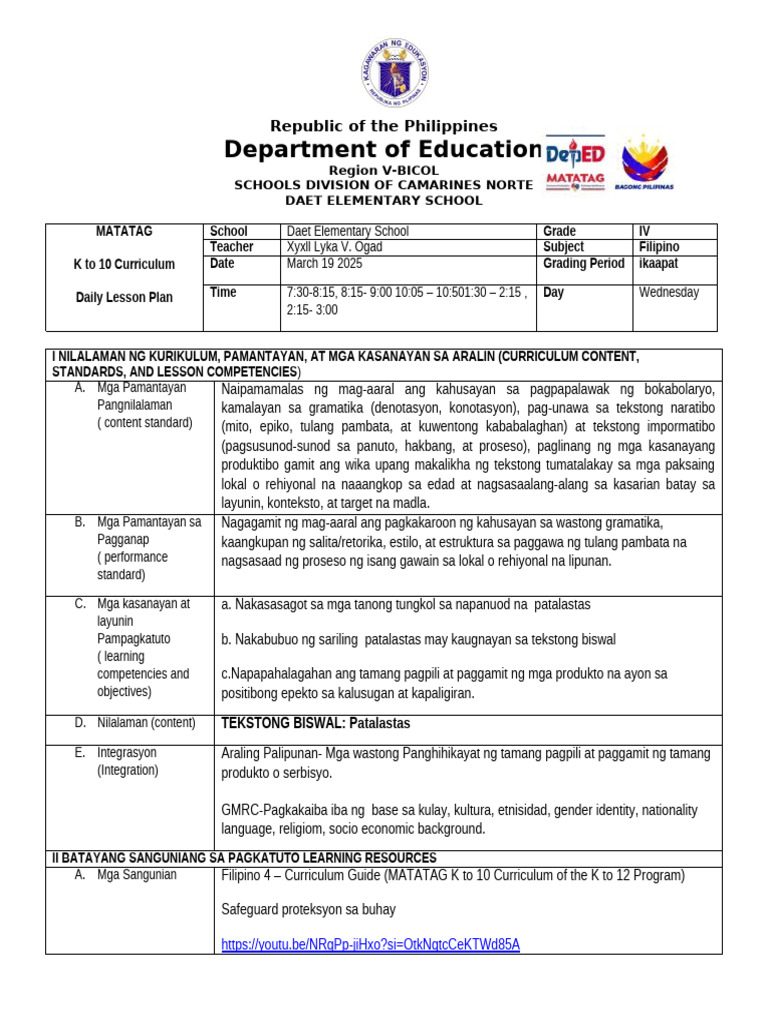 DLP 2ND SHIFTING FILIPINO IV Ma'am Dalan | PDF
