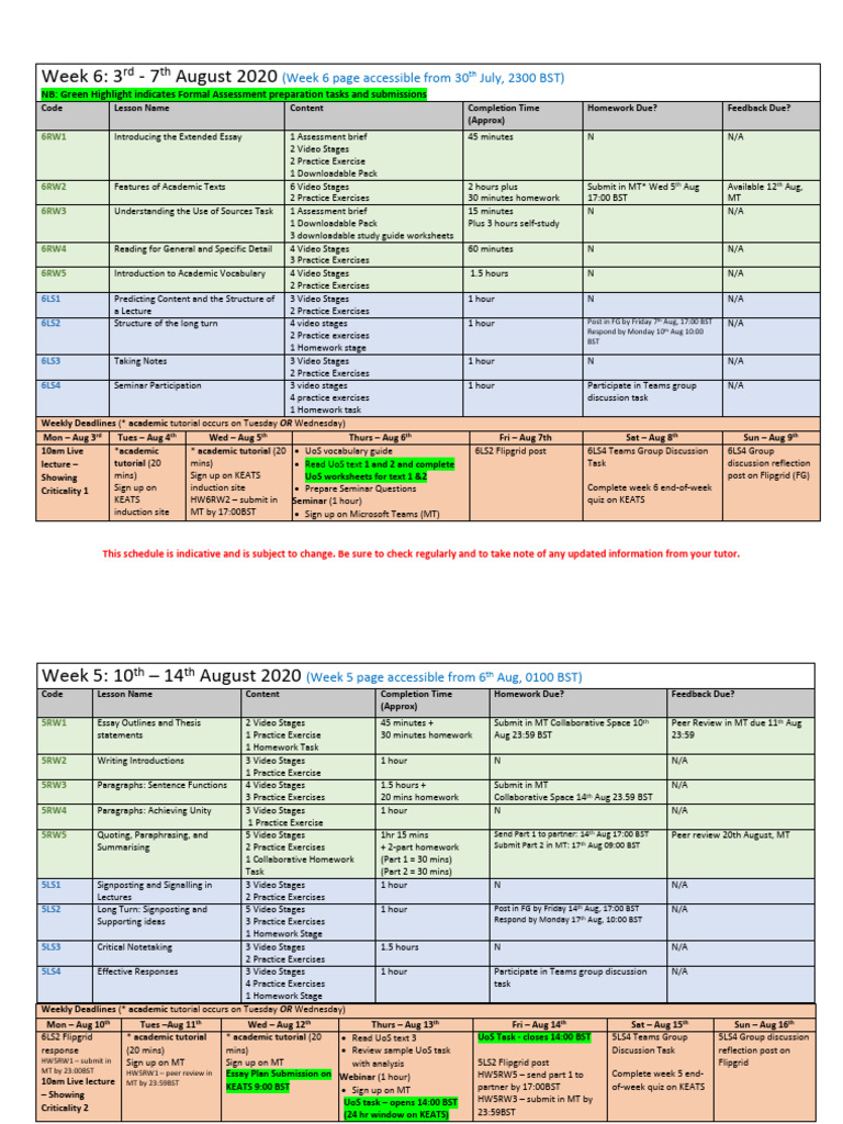 6wk 2020 Student Weekly Schedule 6-2 | PDF | Tutorial | Human Communication