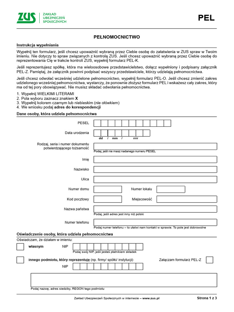 Formularz PEL. Pełnomocnictwo - PEL Interaktywny Wypelnij I Wydrukuj | PDF