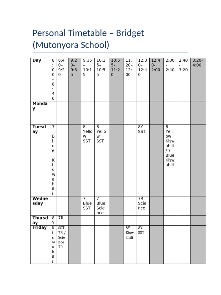 Bridget Personal Timetable | PDF