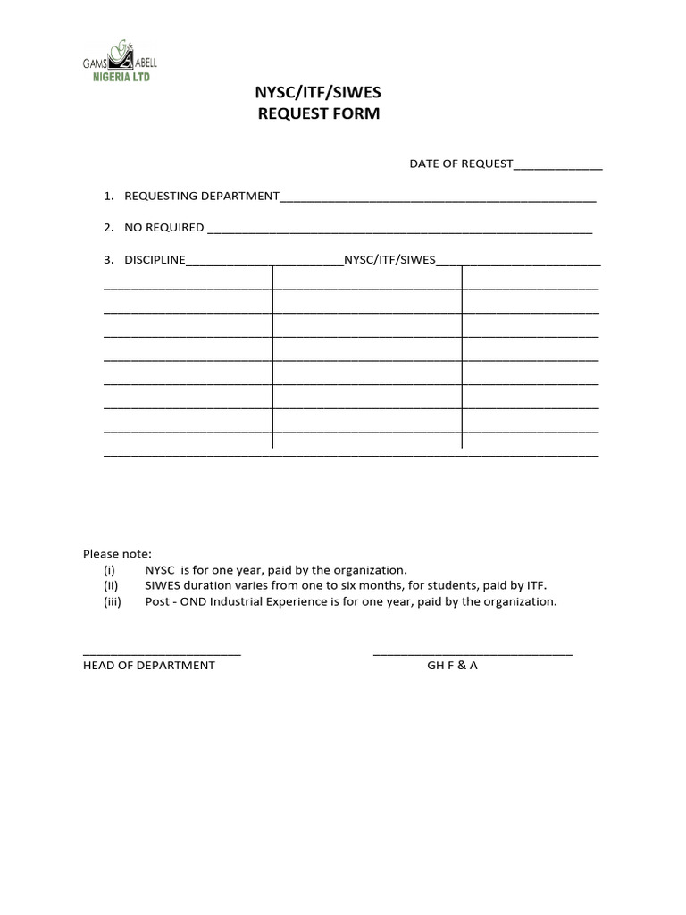 09 NYSC-ITF Request Form | PDF
