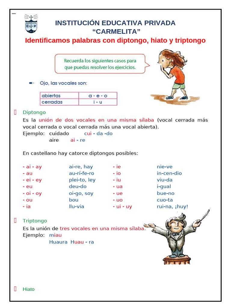 Diptongos Triptongos e Hiatos para Cuarto Grado de Primaria | PDF ...
