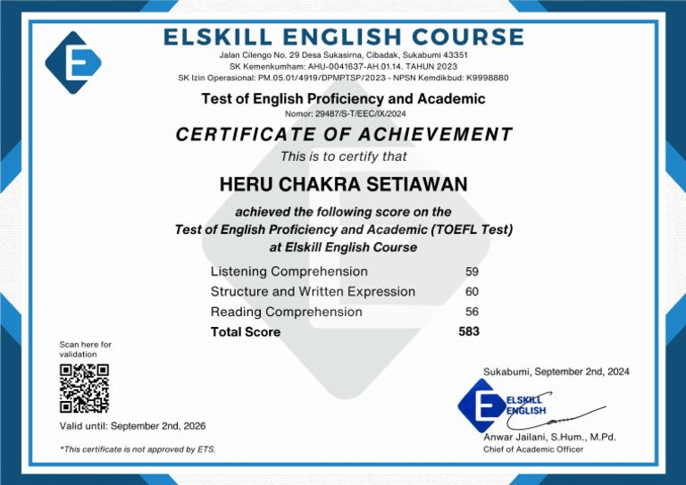 Sertifikat TOEFL Prediction Heru Chakra | PDF