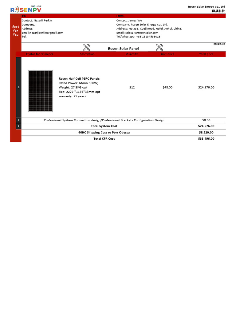 Rosen Solar Panel Quotation | PDF