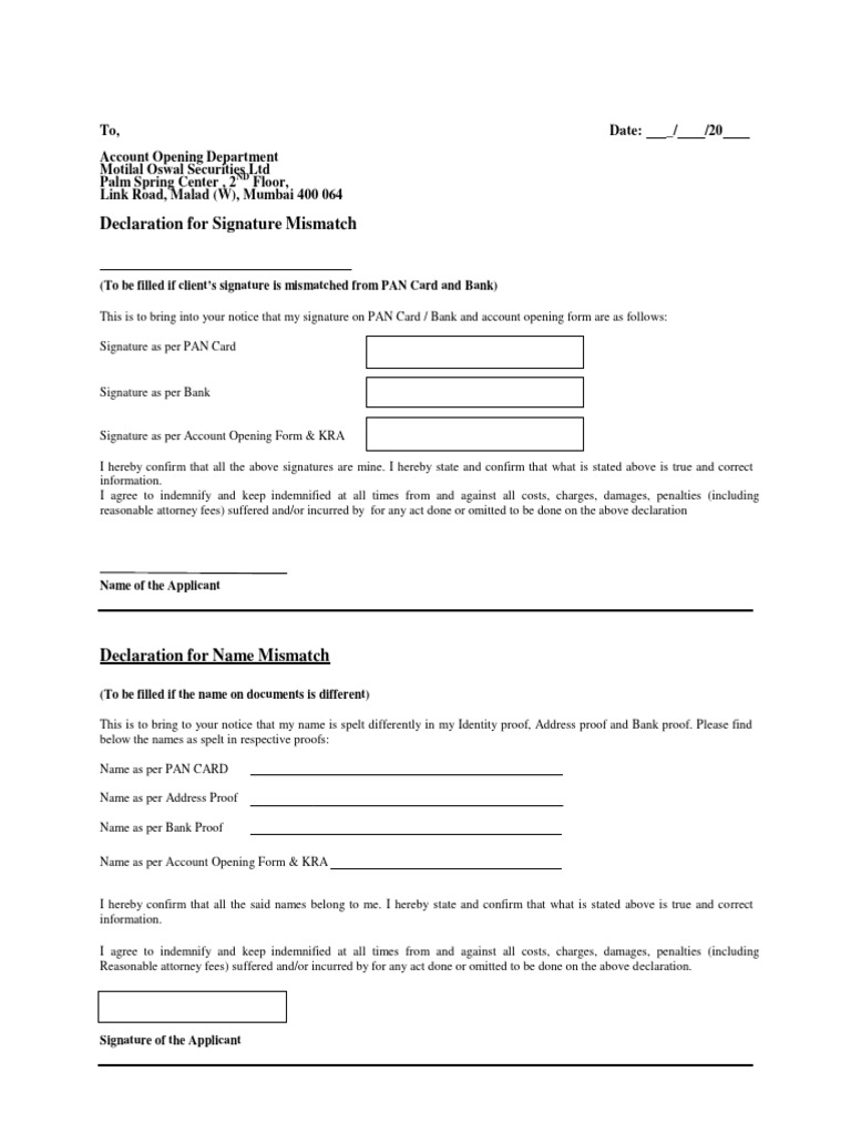Name Signature Mismatch Declaration (59593) | PDF