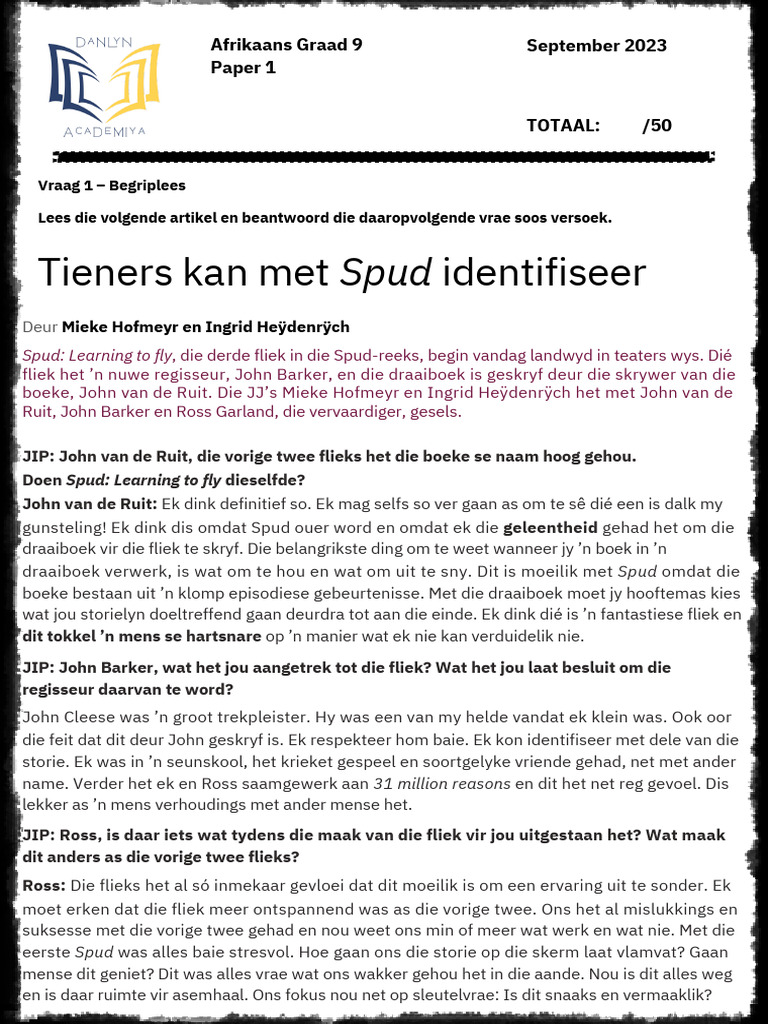 Paper 1 Afrikaans GR 9 Sept 2023 | PDF
