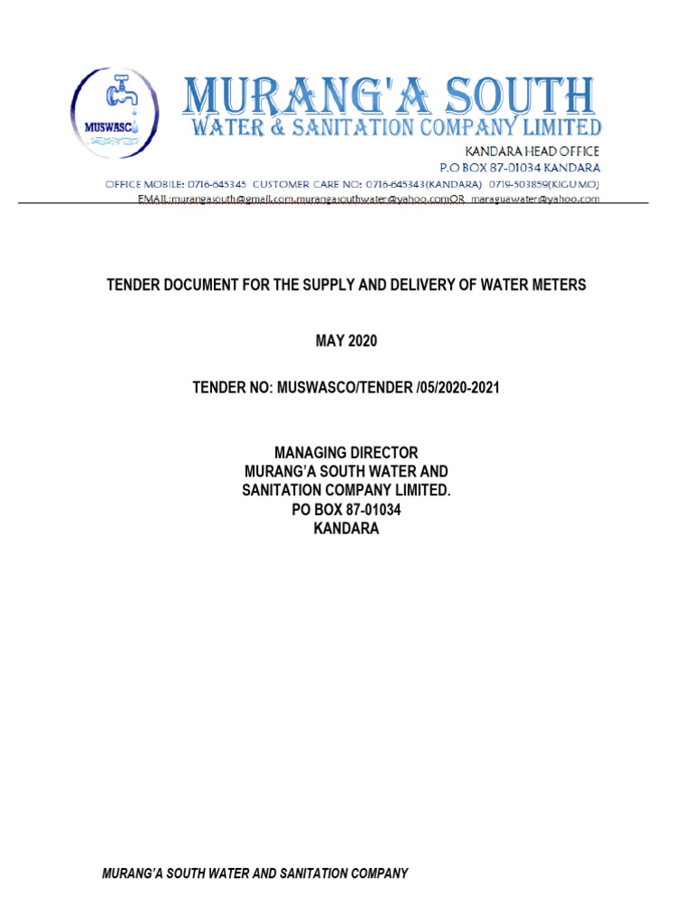 Murang’a Water Meter Supply Tender | PDF | Specification (Technical ...