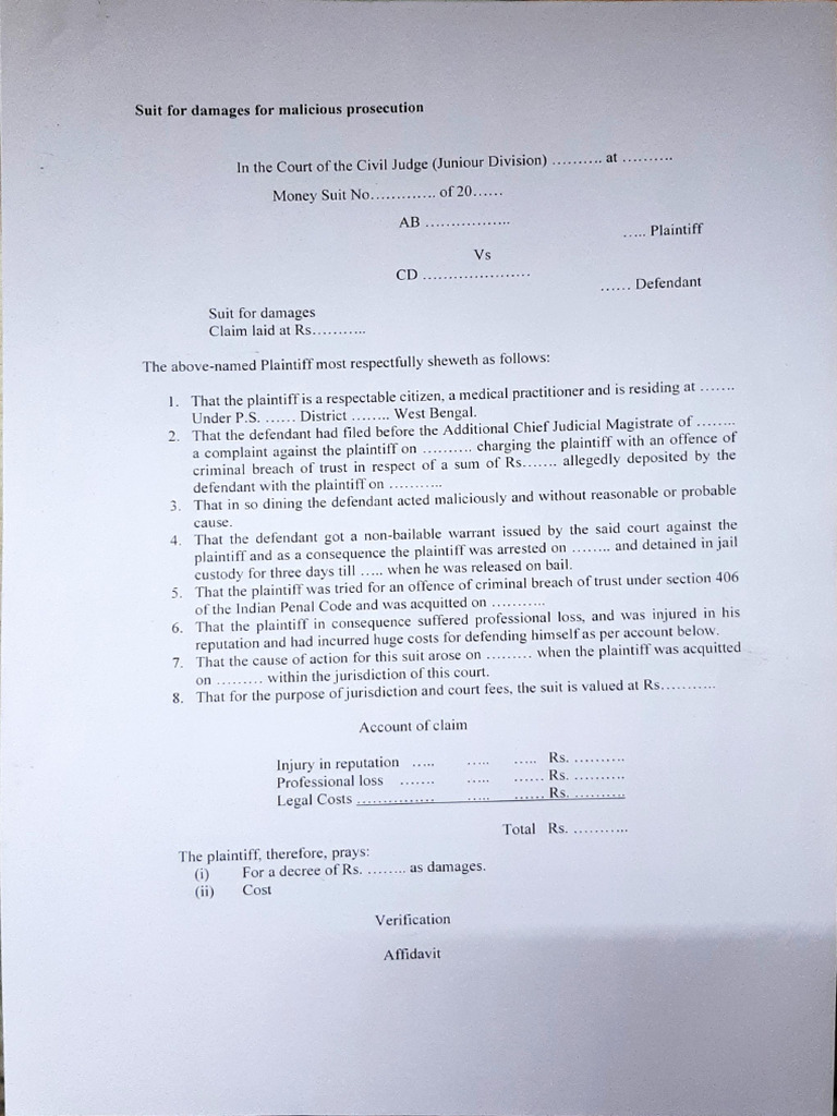 Suit For Damages For Malicious Prosecution | PDF