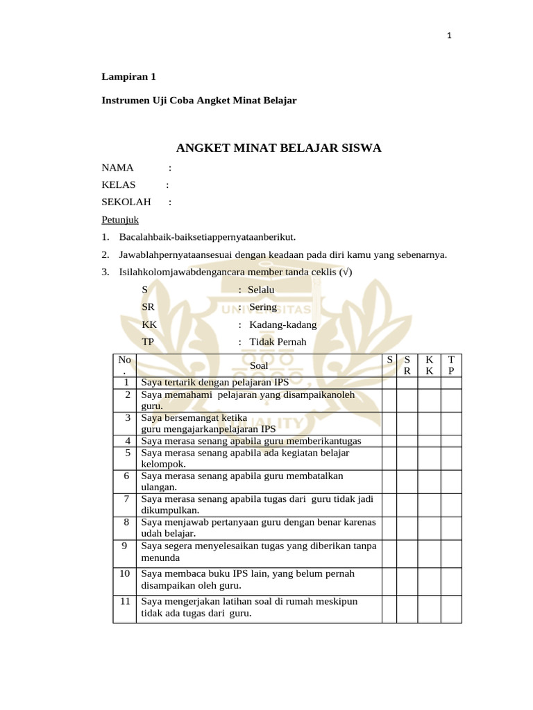 Contoh Angket Minat Belajar | PDF