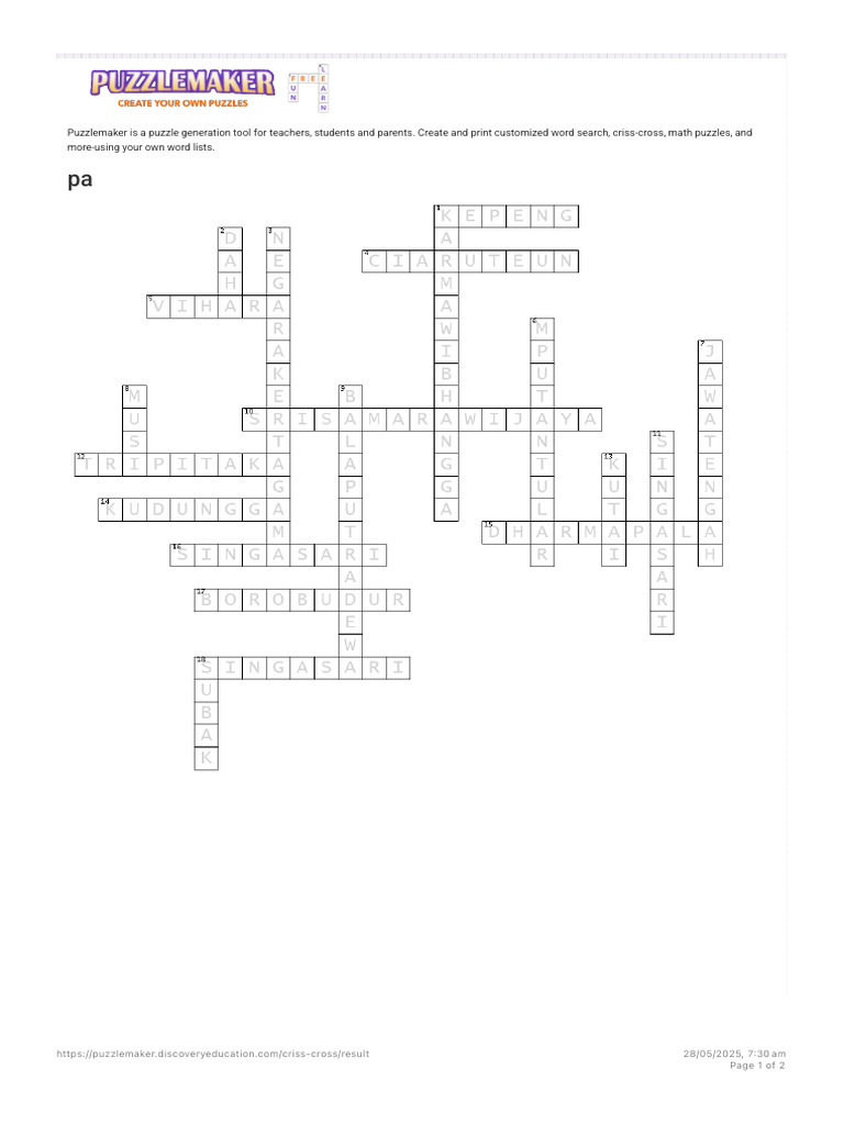 Criss Cross Puzzle - Discovery Education Puzzlemaker | PDF