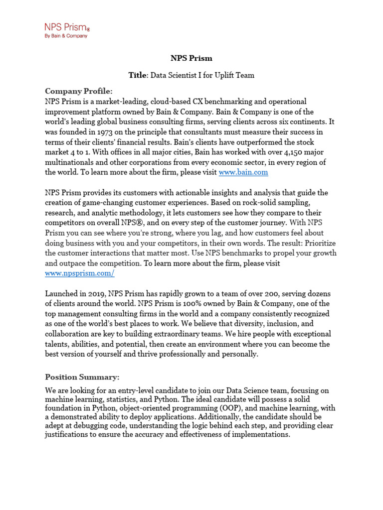 Data Scientist I Position at NPS Prism | PDF | Machine Learning | Computing
