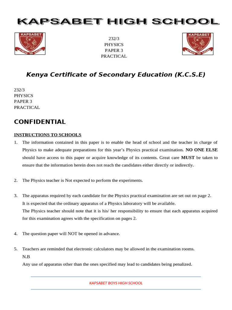 KCSE 2025 Physics Paper 3 Confidential | PDF