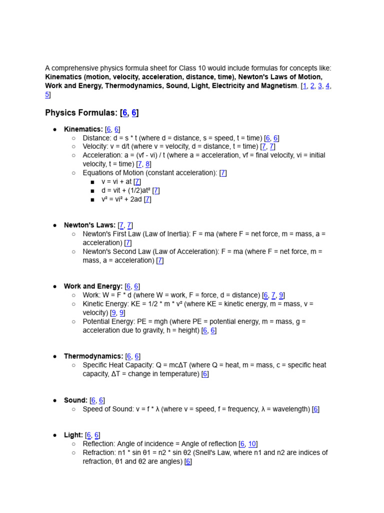 Science Class 10 All Formulas Sheet PDF | PDF | Acceleration | Force
