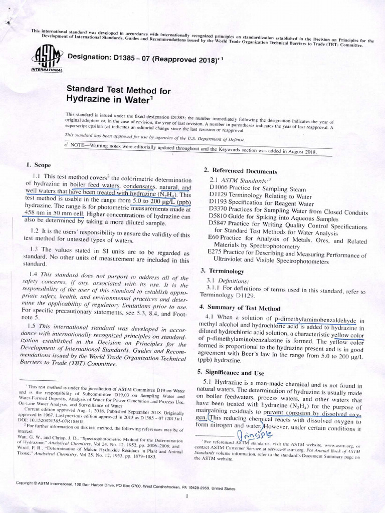 Standard Test Method for Hydrazine | PDF | Spectrophotometry ...