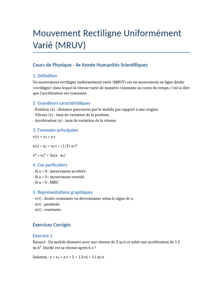 Cours sur le Mouvement Rectiligne Varié | PDF